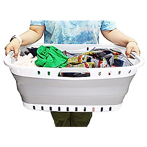SAMMART 44L (11.6 gallon) Collapsible Plastic Laundry Basket-Foldable Pop Up Storage Container-Portable Washing Tub- pace Saving Hamper, Water Capacity: 35L (9.2 gallon) (White/Grey (Set of 2))