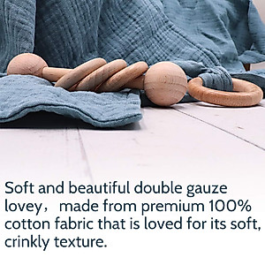 Baby Lovey, Wood Rattle, Teether Ring, 3 Pack Montessori Gift, Gray, Cotton, Double Gauze, Baby Shower, Gender Neutral Gift