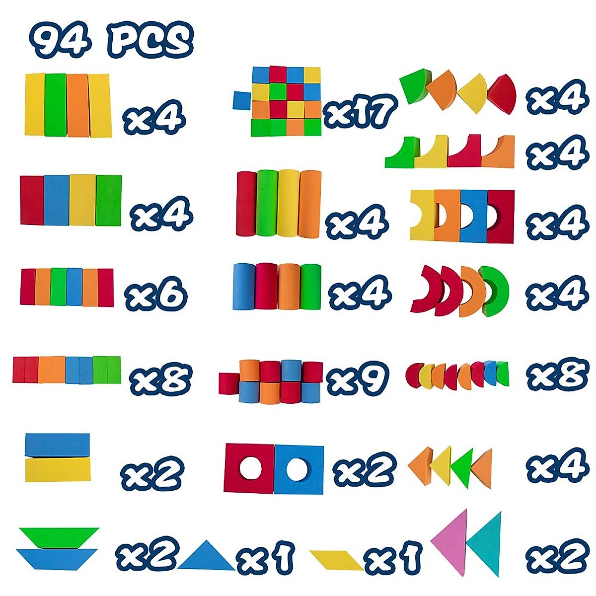 UNIH Foam Building Blocks for Toddlers 1-3, Soft Stacking Toys for 1 2 3 4 Year Old Boys Girls, Kids Stackable Block Set (94 pcs)