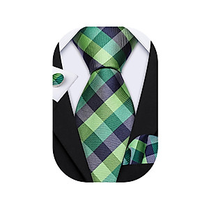 Barry.Wang Plaid Ties Check Mens Necktie Set with Handkerchief Cufflinks Classic Stripe Green Grey