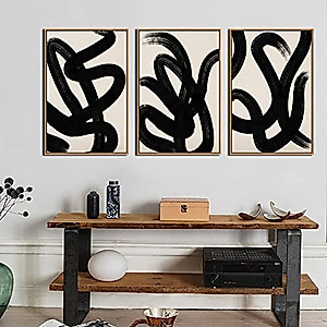 Framed Wall Art Canvas Set Abstract Lines Pictures Modern Mid Century Boho Wall Decor Minimalist Abstract Black Stroke Lines Canvas Painting Artwork Living Room Bedroom Home Office 16"x24"x3 Natural