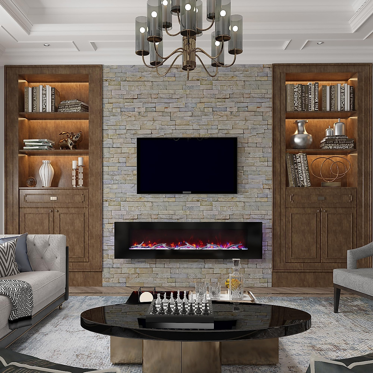 72in Electric Fireplace with Bluetooth Speakers Wall Mounted Linear Fireplace Heater Low Noise Adjustable 8 Flame Colors,8h Timer,Remote Control with Log & Crystal Hearth Options (No-Recessed)