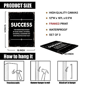 Framed Canvas Inspirational Quotes Wall Art, Hustle Grind Success Wall Art Set, Black Large Poster, Motivational Posters for Office, for Home Office Workplace, (12"X16", Set of 3, Frame)