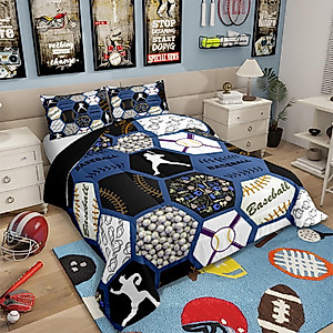 Erosebridal Baseball Bed Set for Boys,Baseball Player Comforter for Kids,Geometric Honeycomb Bedding Set Twin Size,Sports Ball Game Patchwork Quilt Set with 1 Pillowcase Lightweight