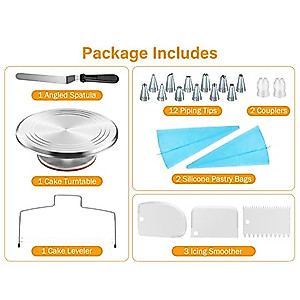Kootek Aluminium Cake Decorating Turntable, 12 Inch Rotating Cake Stand, 22pcs Baking Supplies Tools with Icing Spatula, Cake Leveler, 3 Icing Smoother, 12 Icing Piping Tips, 2 Pastry Bag