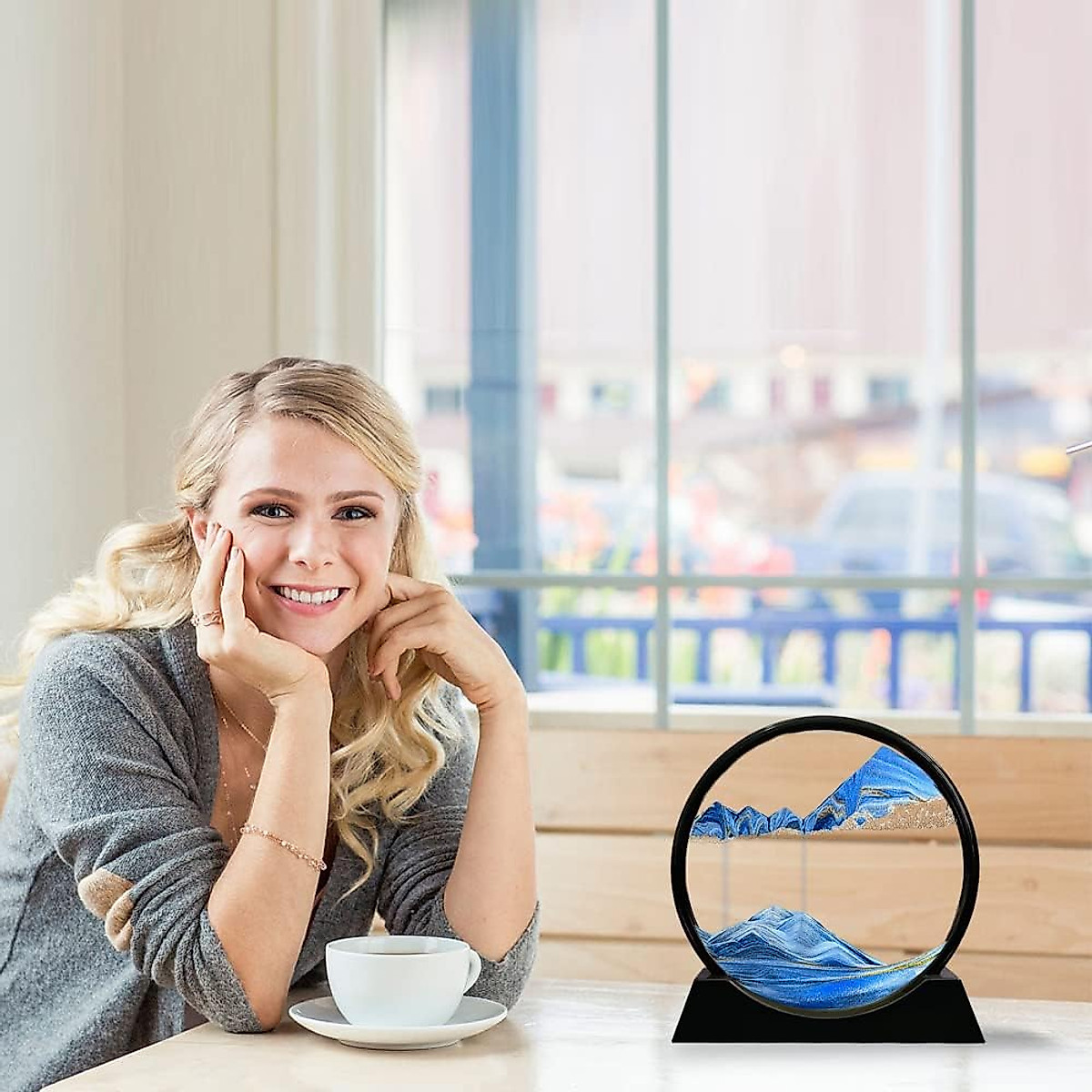 Feilicraft Moving Sand Art Picture Round Glass Frame Sandscapes 3D Deep Sea Display in Motion Dynamic Flowing Grit Photo Hourglass Desktop Art Home Office Decoration Party Gift (12‘’, Blue)