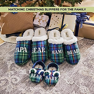 Dearfoams Men's Gifts for Dad Funny Fathers Day Papa Bear Slipper, Green Plaid, 11-12
