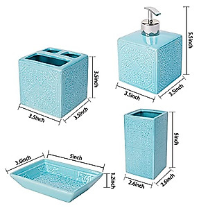 Blue Teal Bathroom Accessory Set,4 Pcs Bathroom Soap Dispenser Set Hand Pump Soap Dispenser, Vanity Countertop Accessory Set-Bathroom Soap Dispenser Set,Toothbrush Holder Set, with Soap Dish,Tumbler.