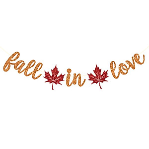 Jenrtvis Fall in Love Banner, Thanksgiving Autumn Theme Wedding Banner, Fall Season Bridal Shower Party Decoration Supplies, Fall Theme Bachelorette Party Decoration Orange & Red Glitter
