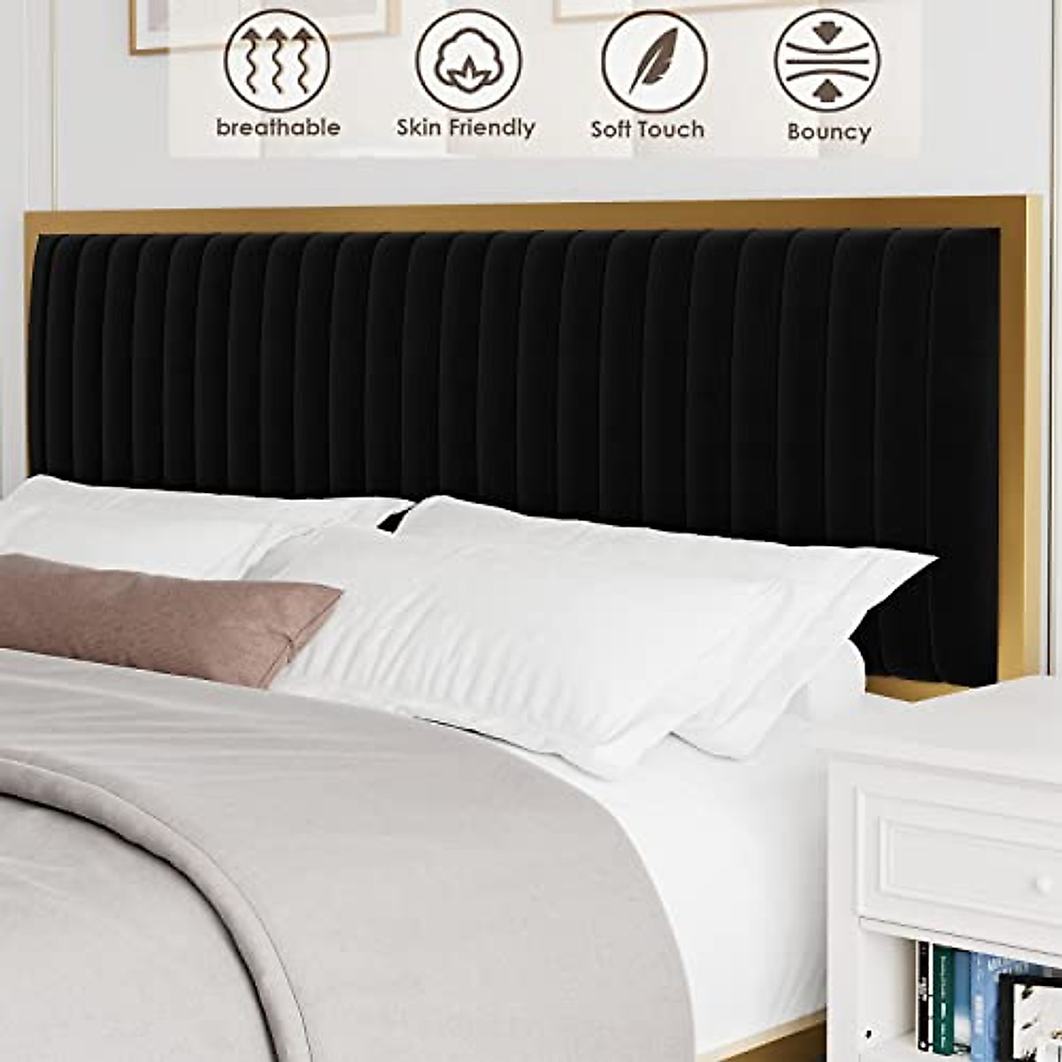 HIFIT King Size Bed Frame, King Bed Frame and Headboard, Heavy Duty Metal Foundation, Upholstered Bed Frame with Velvet Tufted Headboard, Wood Slats Support, No Box Spring Needed, Gold and Black