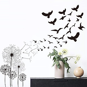 ELOOR Dandelion Birds Wall Decals Flying Flowers Wall Stickers Dandelion Wall Art Living Room Bedroom Decor for Living Room Kids Room(Black)