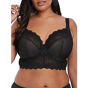 Elomi Women's Charley Bralette: Fashion-Forward Longline Style with Plunge Neckline. Three-Piece Cups, Stretch Lace, Diamond Mesh Fabric. UK Sizes E-HH, US Sizes DDD-L Black