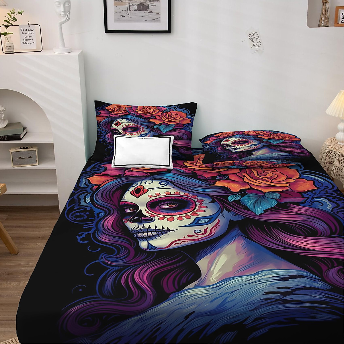 Day of The Dead Sheets Full Size, Skeleton Bed Sheets, Patterned Bedding Sheets & Pillowcases 4 Piece Set - Soft Microfiber Deep Pocket Fitted Sheet & Flat Sheet & 2 Pillow Cases Z2-&-220
