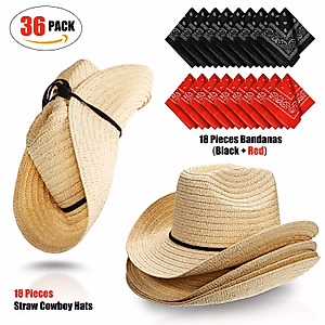Zhanmai Cowboy Hat and Bandana Set - 18 Set Straw Cowboy Hats and Bandanas for Adult Cowboy Costume Birthday Party Props Supplies (Beige, Red, Black)
