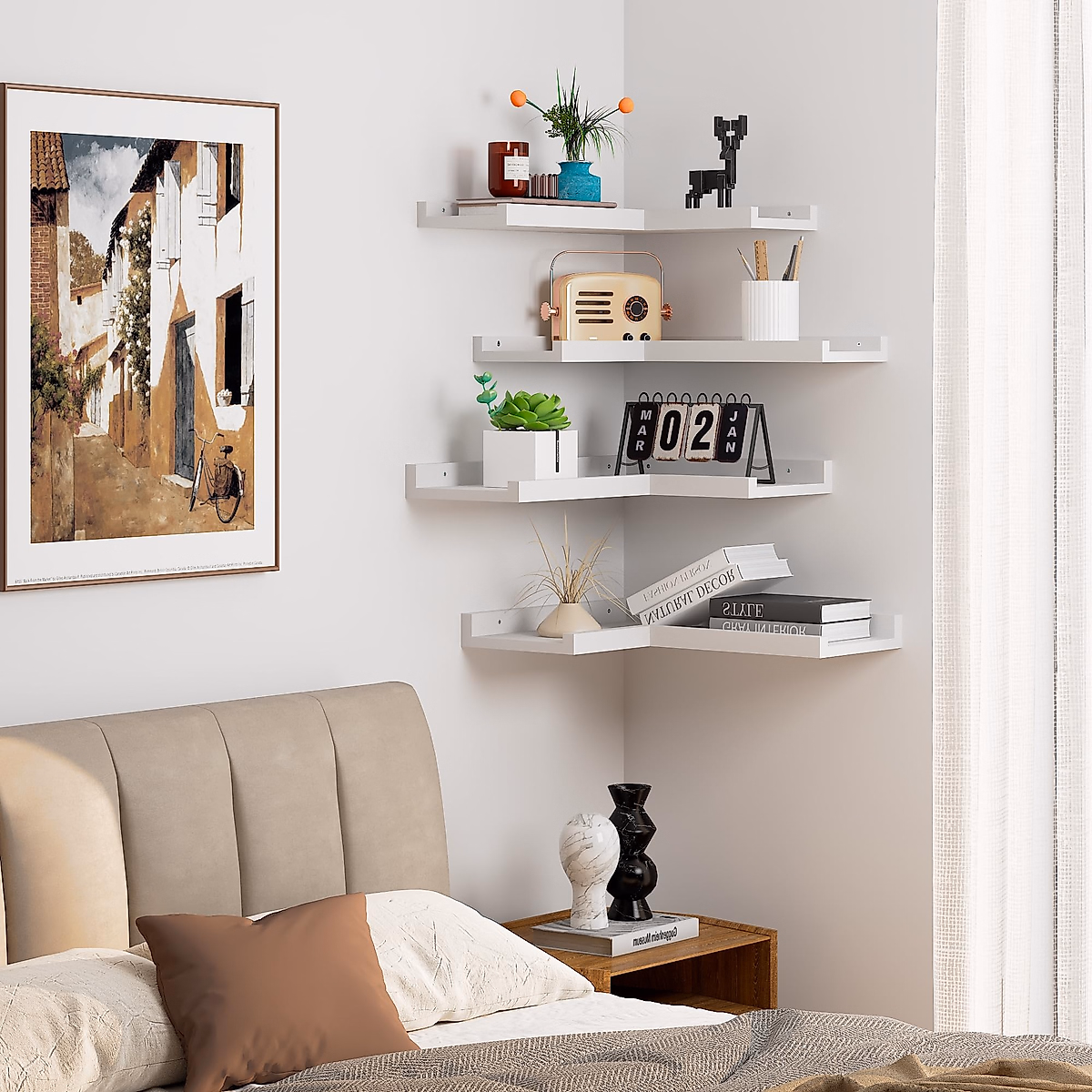 4 Tier Corner Wall Shelf, Floating Corner Shelves with Lip, White Modern Corner Shelves Wall Mounted, Solid Pine Wood Wall Shelf L shaped shelf for Living Room, Bedroom, Bathroom, Home Storage