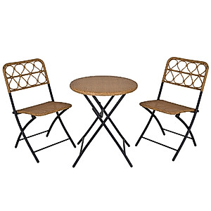 Outsunny 3 Pieces Wicker Outdoor Bistro Set, Folding Rattan Patio Furniture Set with Coffee Table and Porch Chairs for Backyard, Balcony, Garden, Natural