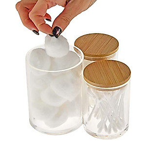 ARAD Cotton Ball, Swab, Q-tip Storage Set, 1-Piece, 3 Compartment, Clear Acrylic Jar Container with Bamboo Lid, Easy Organization on Bathroom Counters, Under-Sink Placement-6"D x 4.5" H
