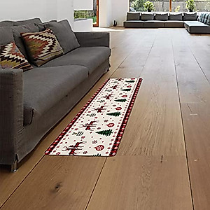 Kitchen Mat Rug Set of 2 Christmas Trees Snowflake Elks Black and Red Plaid Buffalo Beige Runner Rug Anti-Fatigue Comfort Memory Foam Standing Mat Non-Slip Floor Door Mat for Bedroom 16x24n+16x47in