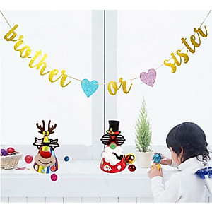 Swdthnh Gender Reveal Party Decorations - Glitter Letters Brother or Sister with Hearts Banner for Baby Shower Party Decorations, Gold