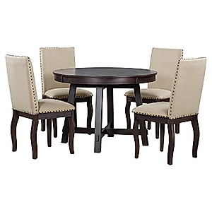 Knocbel Farmhouse Extendable Dining Table and Chairs, 5-Piece Kitchen Dining Room Table Set with Nailhead Trim Upholstered Dining Chairs, Standard Height, Espresso Table Set