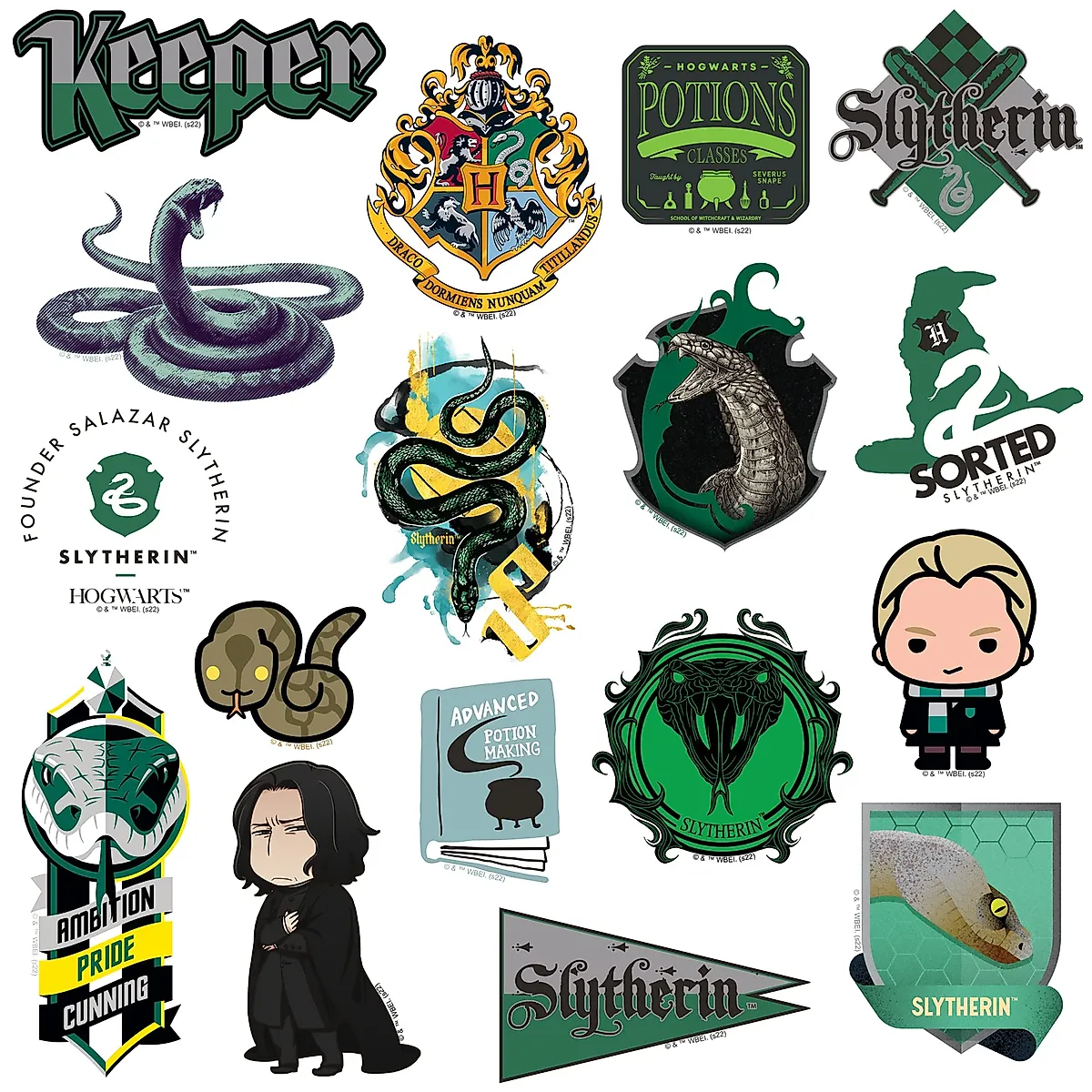 Harry Potter Slytherin Theme Sticker Pack Die Cut Vinyl Large Deluxe Stickers Variety Pack - Laptop, Water Bottle, Scrapbooking, Tablet, Skateboard, Indoor/Outdoor - Set of 50