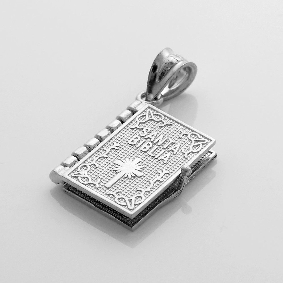 Claddagh Gold Religious Jewelry Sterling Silver 3D Santa Biblia Book w/Lord's Prayer in Spanish Charm Pendant