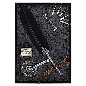 Zerodis Feather Pen, Feather Calligraphy Pen Quill Pen Set Student Writing Ink Stationery Romantic Valentine(black)