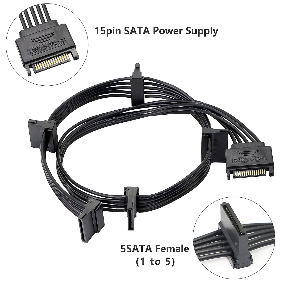 GELRHONR 15Pin SATA Male to 5 x 15 Pin SATA Female Hard Drive Power Right Angle Splitter Adapter Cable Extension Cable for Hard Disk 50CM