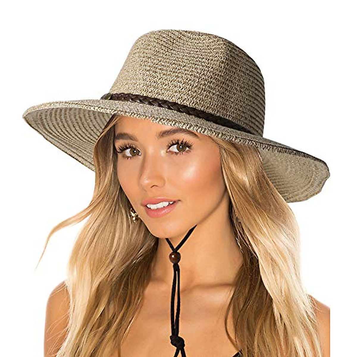 Womens Straw Sun Hat Classic Flat Beach Hat Mens Garden Hat Cowboy Style Hat with Wind Lanyard UPF 50+ Summer Hat Beige