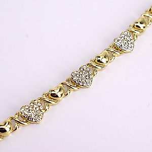 Women's Girls XOXO Hugs & Kisses Shiny Hearts Bracelet Real Gold Plated 7.5"