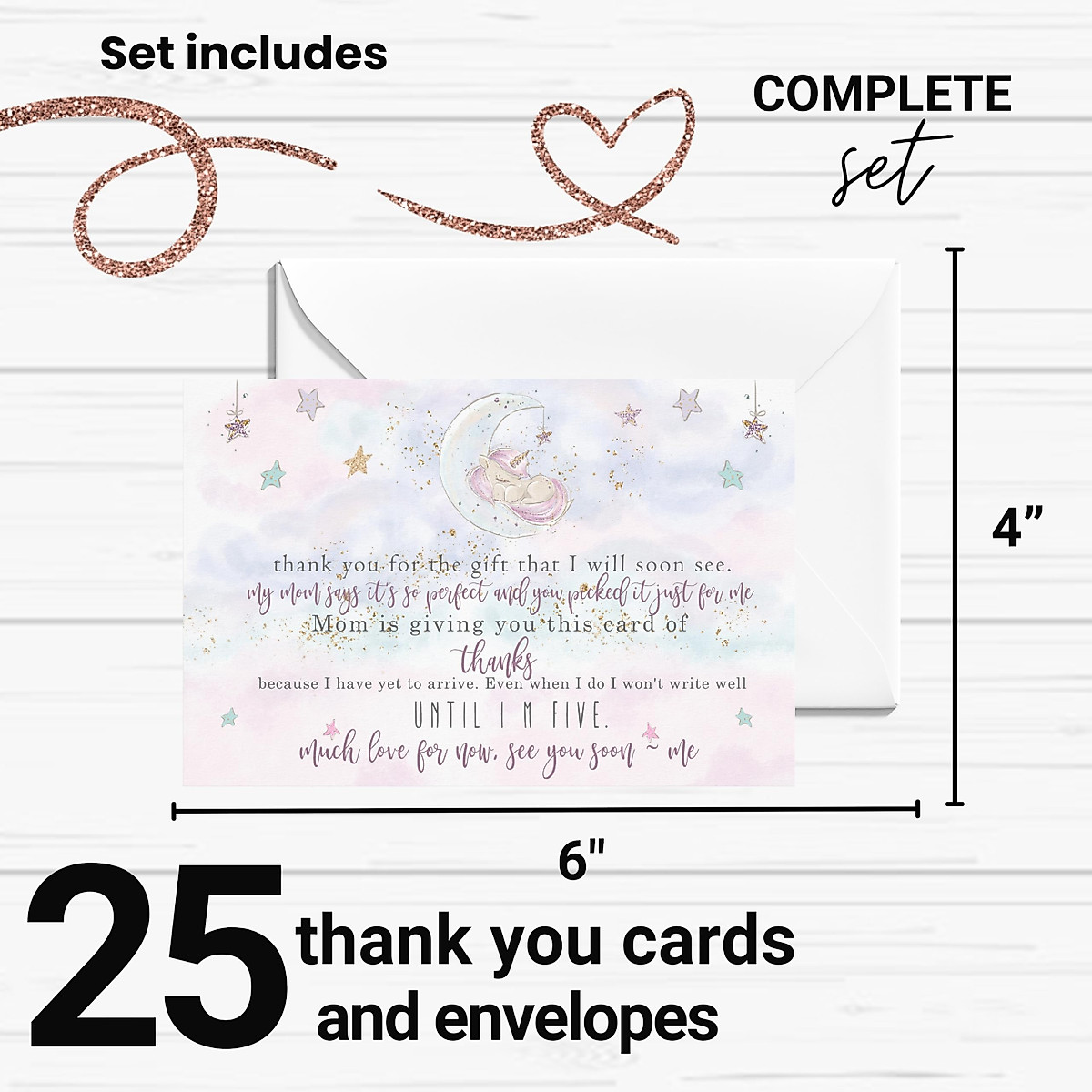 Paper Clever Party Unicorn Baby Shower Thank You Cards with Envelopes - 25 Pack - 4x6 Blank Notes with Whimsical Star and Moon Design - Thanking for Gifts from Baby Girl