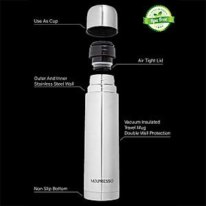 Mixpresso Coffee Flask +Coffee Mug, Stainless Steel Coffee vacuum flask For Hot Coffee or Cold Tea Fits Car Caddy or Backpack, Leak Proof Travel Mug, 17 Ounce Coffee Thermos