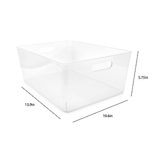 Isaac Jacobs 3-Pack XL Clear Storage Bins (12” L x 11.1” W x 7” H) with Cutout Handles, Plastic Organizer for Home, Office, Kitchen, Fridge/Freezer, Drawers, BPA Free, Food Safe (3-Pack, Extra-Large)