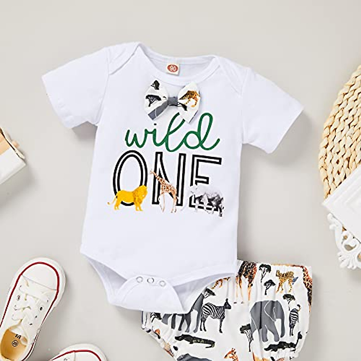 GRNSHTS Baby Kids 1st Birthday Shorts Set Infant Boy Girl Wild One Animal Romper Bodysuit Cake Smash Party Clothes(White,12-15M)