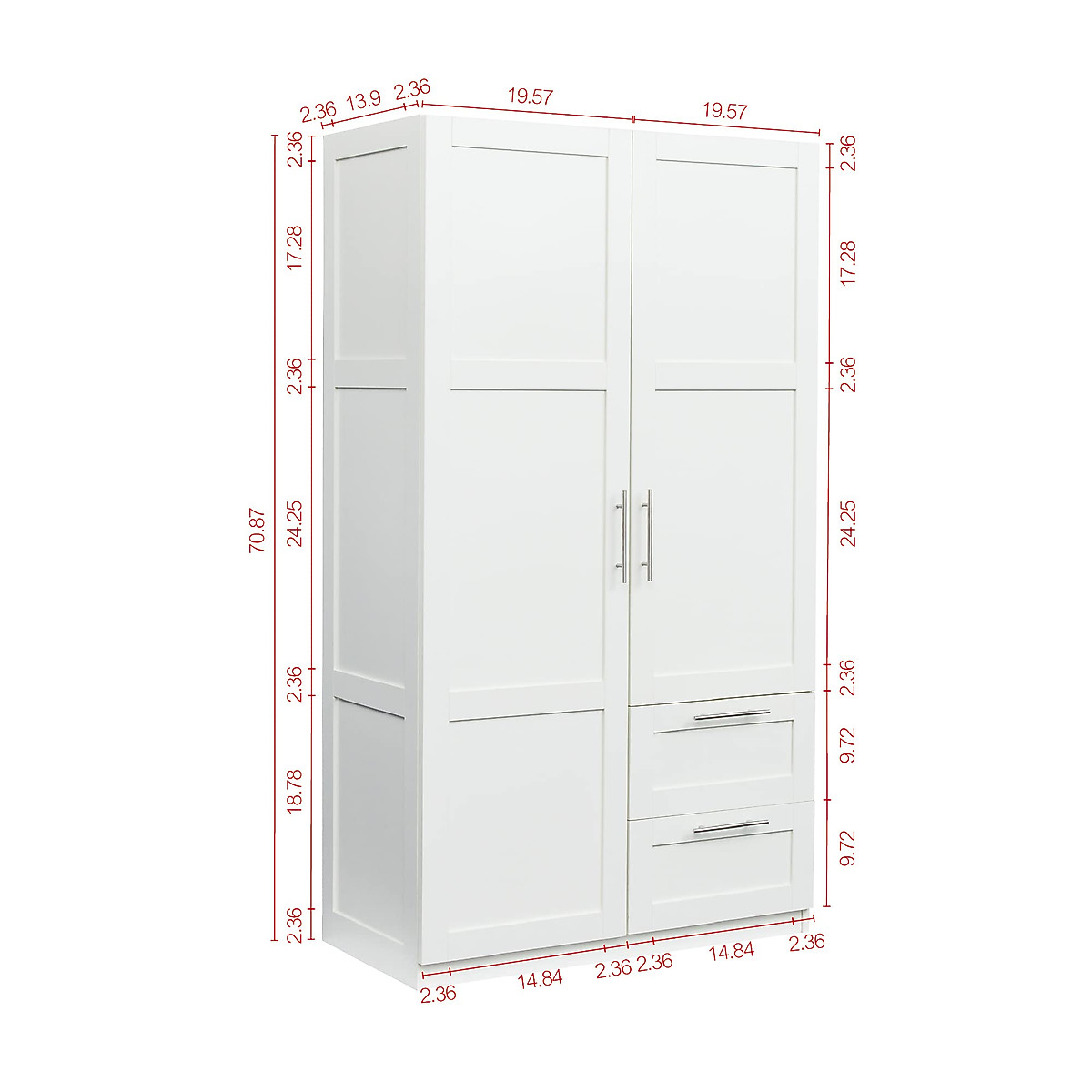 High Wardrobe and Kitchen Cabinet with 2 Doors, 2 Drawers and 5 Storage Spaces,White