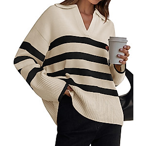 ZESICA Women's Winter Sweaters Lapel V Neck Long Sleeve Striped Chunky Knit Oversized Pullover Sweater Jumper Tops,Apricot,X-Large