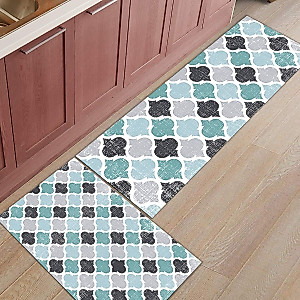 Kitchen Mat 2PCS Moroccan Tile Print Geometry Lattice Teal Blue Grey Kitchen Rugs Kitchen Organization, Anti-Fatigue Kitchen Floor Mats Non-Slip Kitchen Decor Runner Rug Room Decor Standing Desk Mats