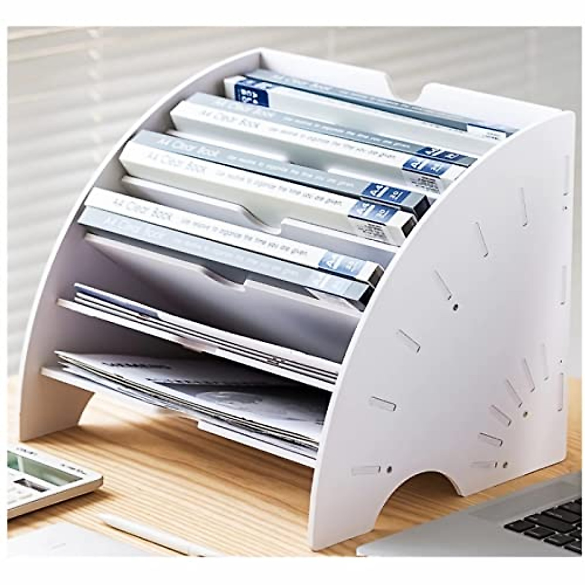 THUMEYE File Organizer for Desk, Fan-Shaped Desktop Organizer for Document/Letter/Paper with 6 Compartments, File Folder Organizer for Office School Home, White, 13.2'' D x 10.9'' W x 10.9'' H