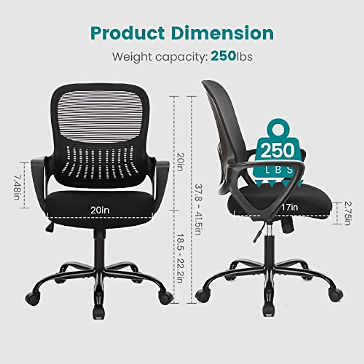 Office Chair Mid Back Desk Chair Ergonomic Mesh Computer Gaming Chair with Larger Seat, Executive Height Adjustable Swivel Task Chair with Lumbar Support Armrest for Women Adults