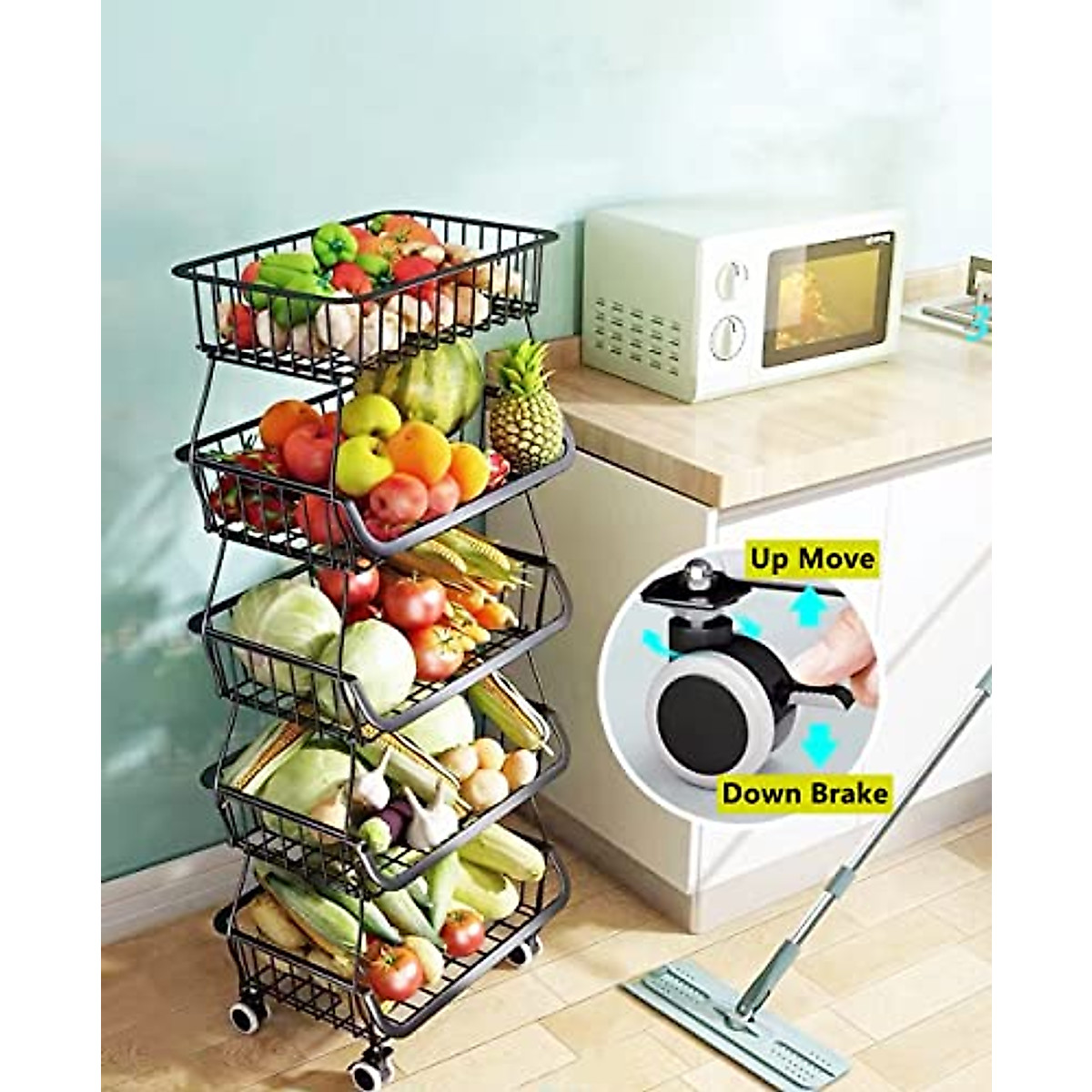 OKZEST 5 Tier Fruit Basket for Kitchen, Rolling Vegetable Fruit Storage Basket Stand Organizer Cart for Snack Potato Onion Produce, Utility Stackable Metal Wire Storage Bin Rack with Wheels for Pantry