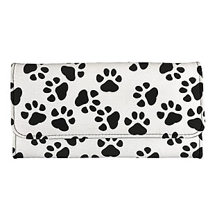 Binienty Leather Slim Wallets Card Holder Clutch Handbag for Women Girls, Black and White Dog Paws Print Trifold Wallet