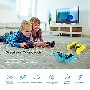 Obsiusfb RC Stunt Car for Kids with Wheel Lights and Headlights, 2.4GHz Double Sided 360° Rotating RC Car, High Speed Rechargeable Remote Control Crawler for Boys & Girls (Blue)