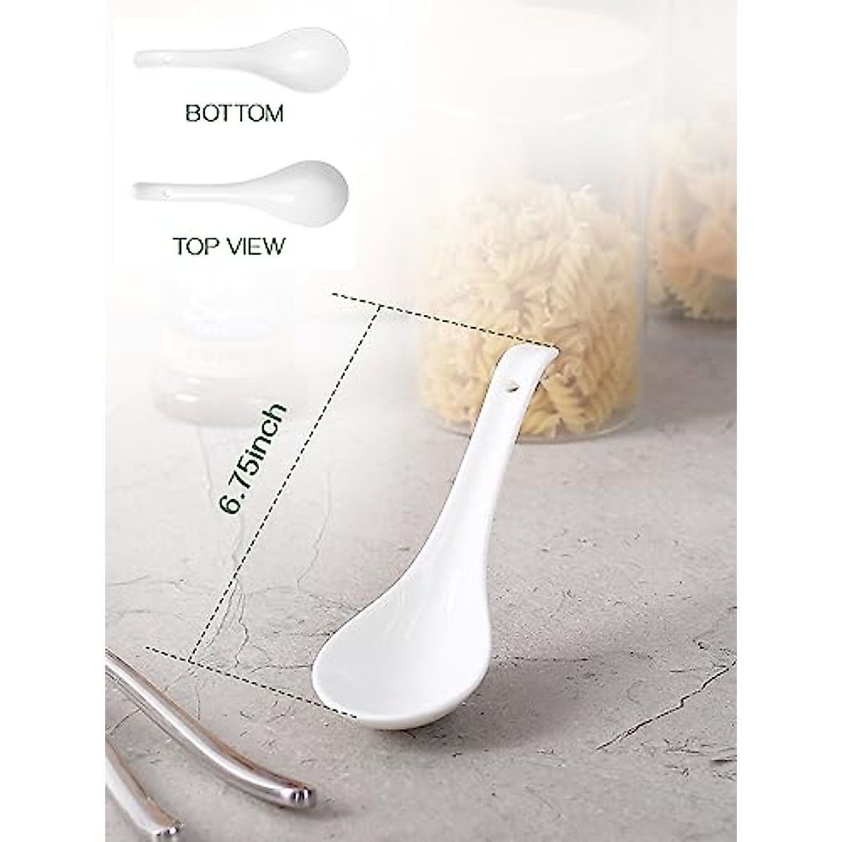 DOWAN Soup Spoons, Ceramic Chinese Soup Spoons, Asian Soup Spoons, White Japanese Spoon Large for Ramen Pho Wonton Dumpling Miso, Deep Oval Hook Design, Set of 6