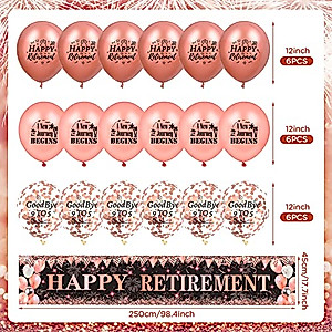 Happy Retirement Decorations for Women Large Rose Gold and Black Happy Retirement Banner Yard Sign with 18Pcs Rose Gold Retirement Balloons for Women Men Retirement Farewell Anniversary Party Supplies