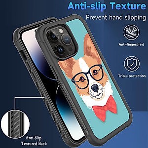 LIVRER Compatible with Case for iPhone 14 Pro Max,Cute Shockproof Protection Cases for Women Girl,Non-Slip Dropproof Cover Case for iPhone 14 Pro Max 6.1inch,Corgi with Glasses and Bow tie