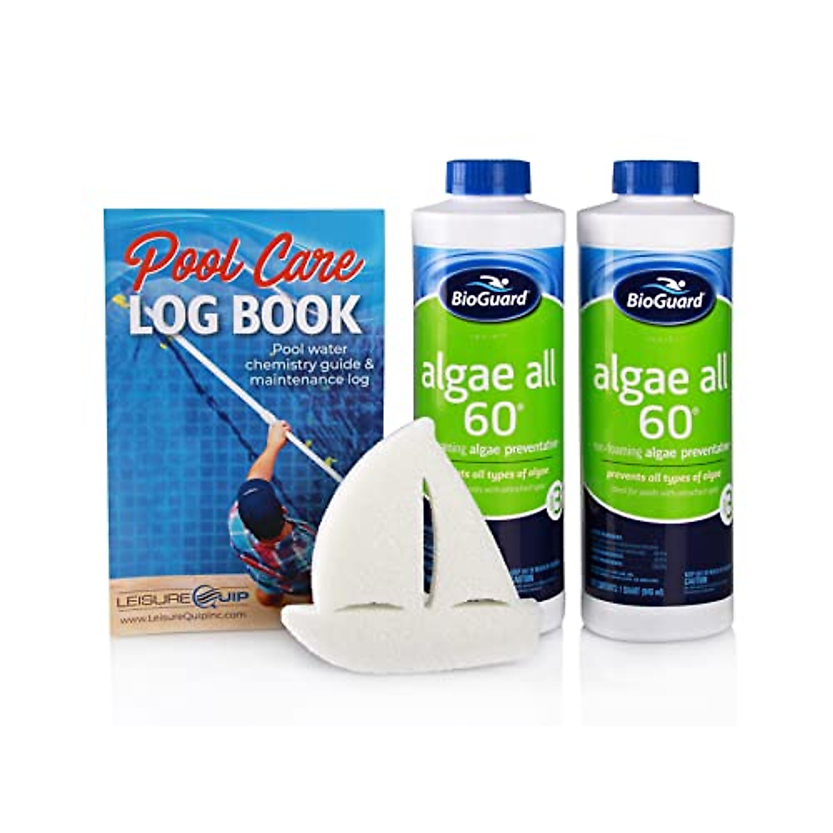 BioGuard Algae All 60 Swimming Pool Algaecide 2 Pack with LeisureQuip ScumBoat Scum Absorber and LeisureQuip Pool Log Book