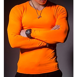 Red Plume Men's Cool Dry Fit Long Sleeve Compression Shirts, Active Sports Athletic Workout Shirt, Sports Base Layer T-Shirt (ORANGE, Medium)