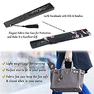 OMyTea Folding Hand Fan for Women - Foldable Japanese Chinese Oriental Vintage Retro Bamboo Silk Fan - for Church, Decoration, Hot Flash, Dance, Performance, Party, Gift (Black Grassflowers)