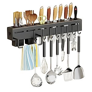 MINOCHI Knife Holder for Wall 50cm Multifunction Kitchen Knife Storage Holder with 8 Hooks, No Punch Wall Mounted Stainless Steel Knife Rack Organizer for Hanging Spoon Chopsticks - Black