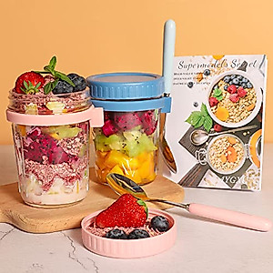 AYGXU 6PCS Overnight Oats Containers with Lids and Spoon,14 oz Wide Mouth Mason Jars for Overnight Oats, Glass Food Storage Containers for Salads Yogurt Cereal Milk On The Go（with Recipe Book）